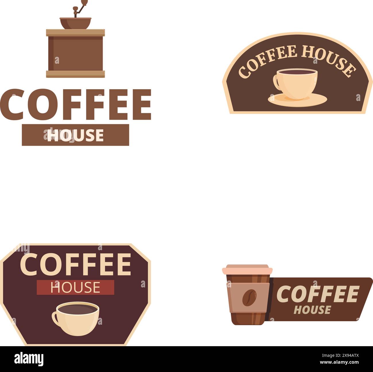 Set of stylish coffee house signs and disposable cup icons in earthy ...