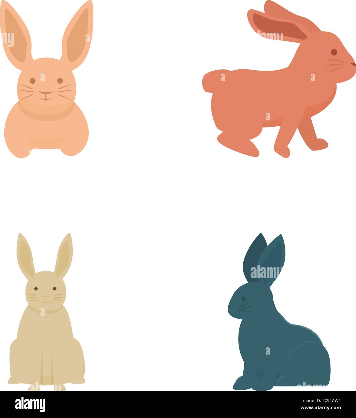 Set of four adorable and colorful cartoon rabbits in different poses ...