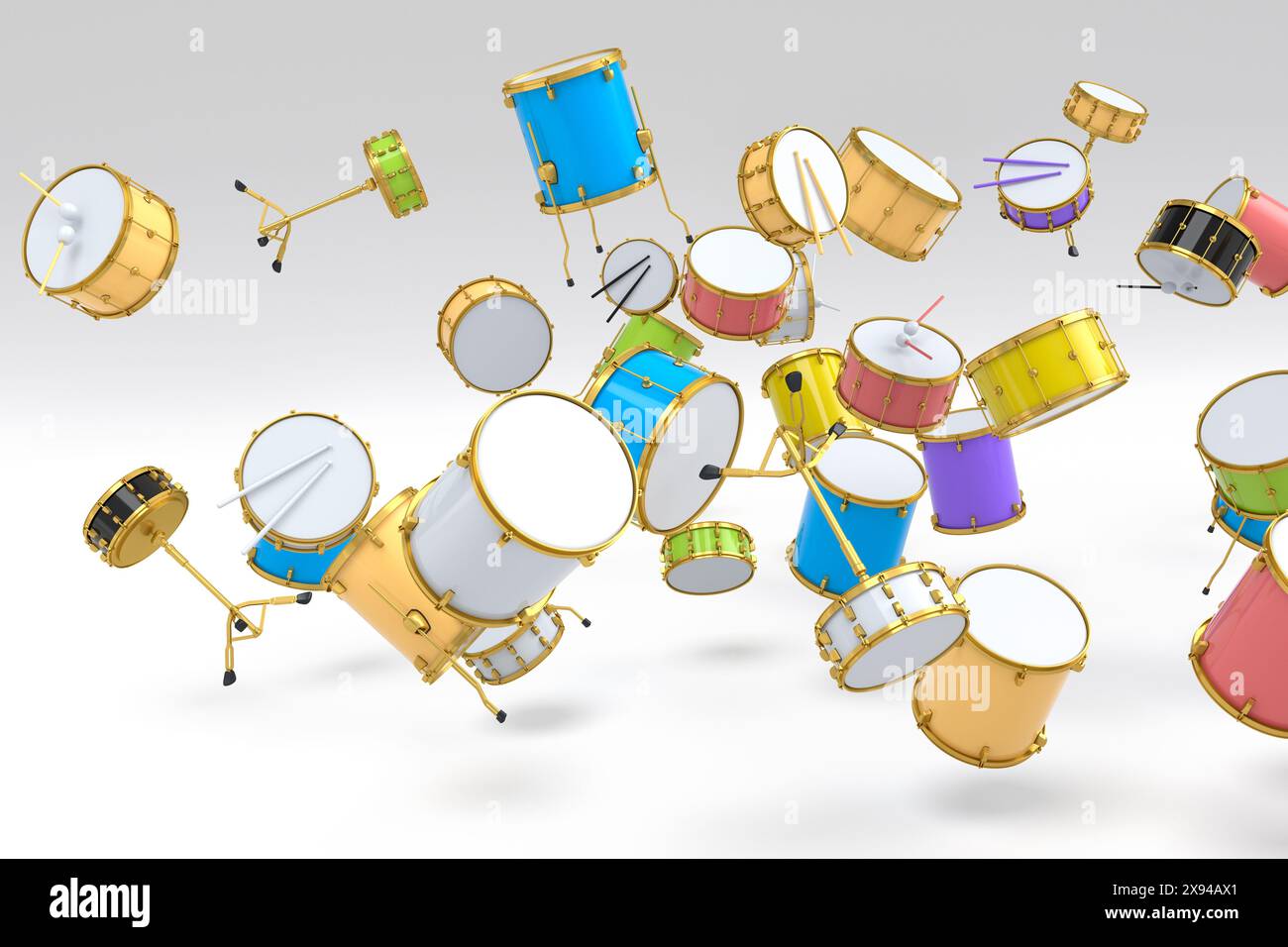 Many of flying drums with metal cymbals on white background. 3d render ...