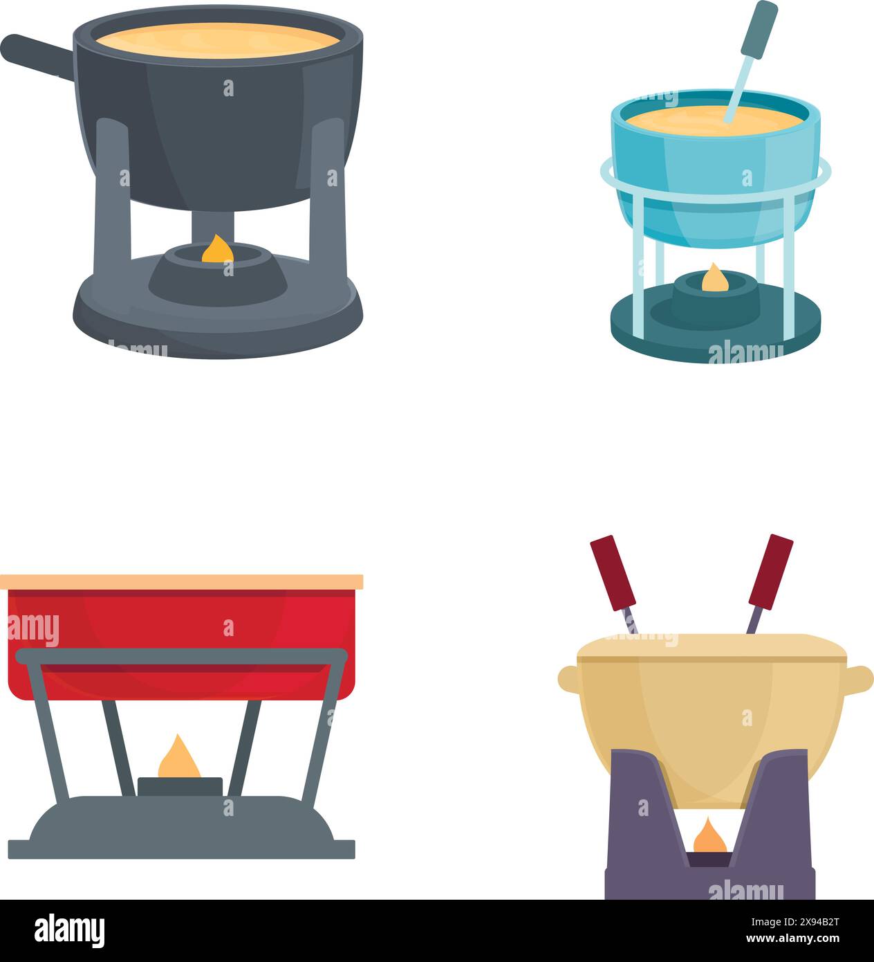 Collection of colorful vector illustrations of different fondue pots on ...