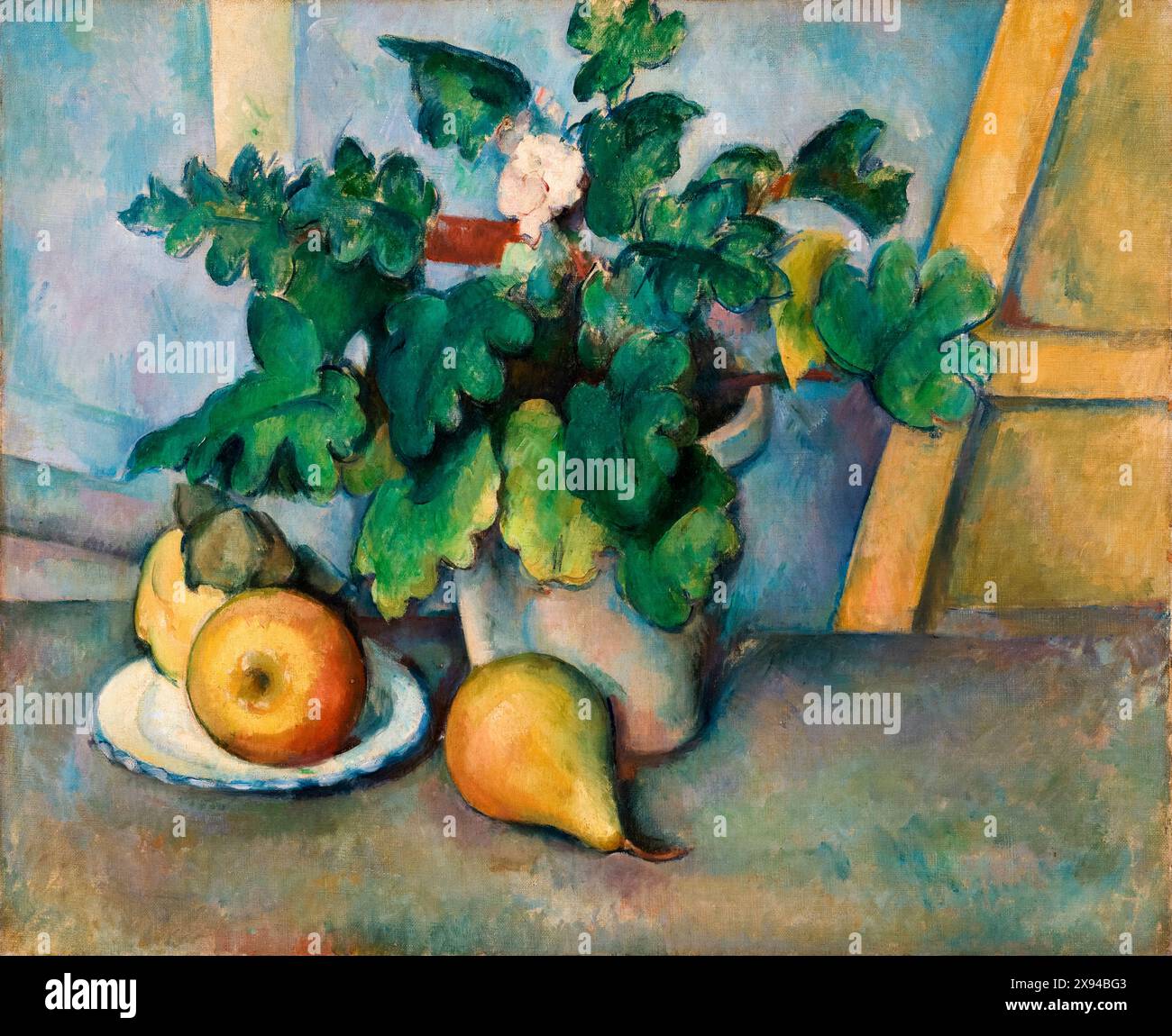 Paul Cezanne, Pot of Flowers and Fruit, still life painting in oil on ...