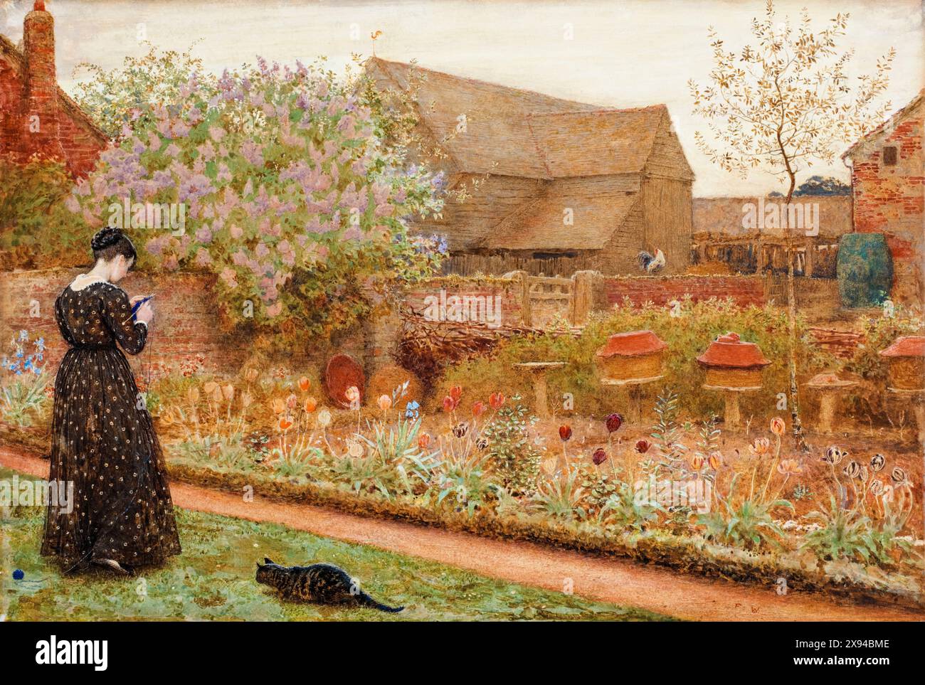 Frederick Walker painting, The Old Farm Garden, watercolour and pencil ...