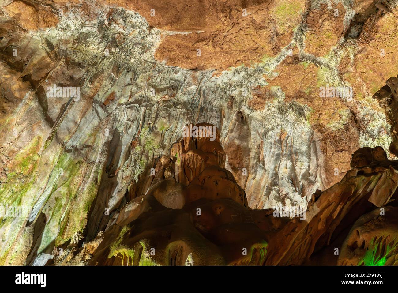The inside of a cave is covered in moss and has a greenish tint. The ...