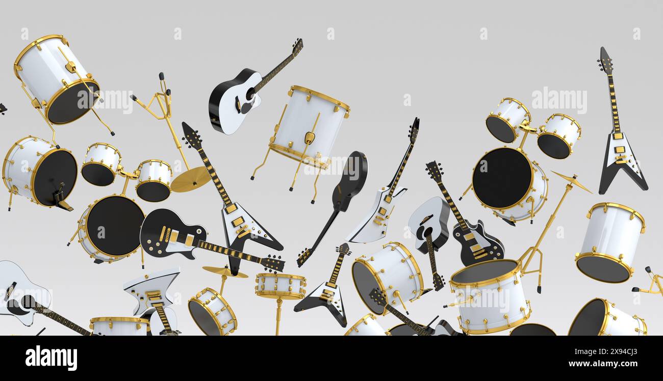 Many of flying acoustic guitars, drums with metal cymbals or drumset ...