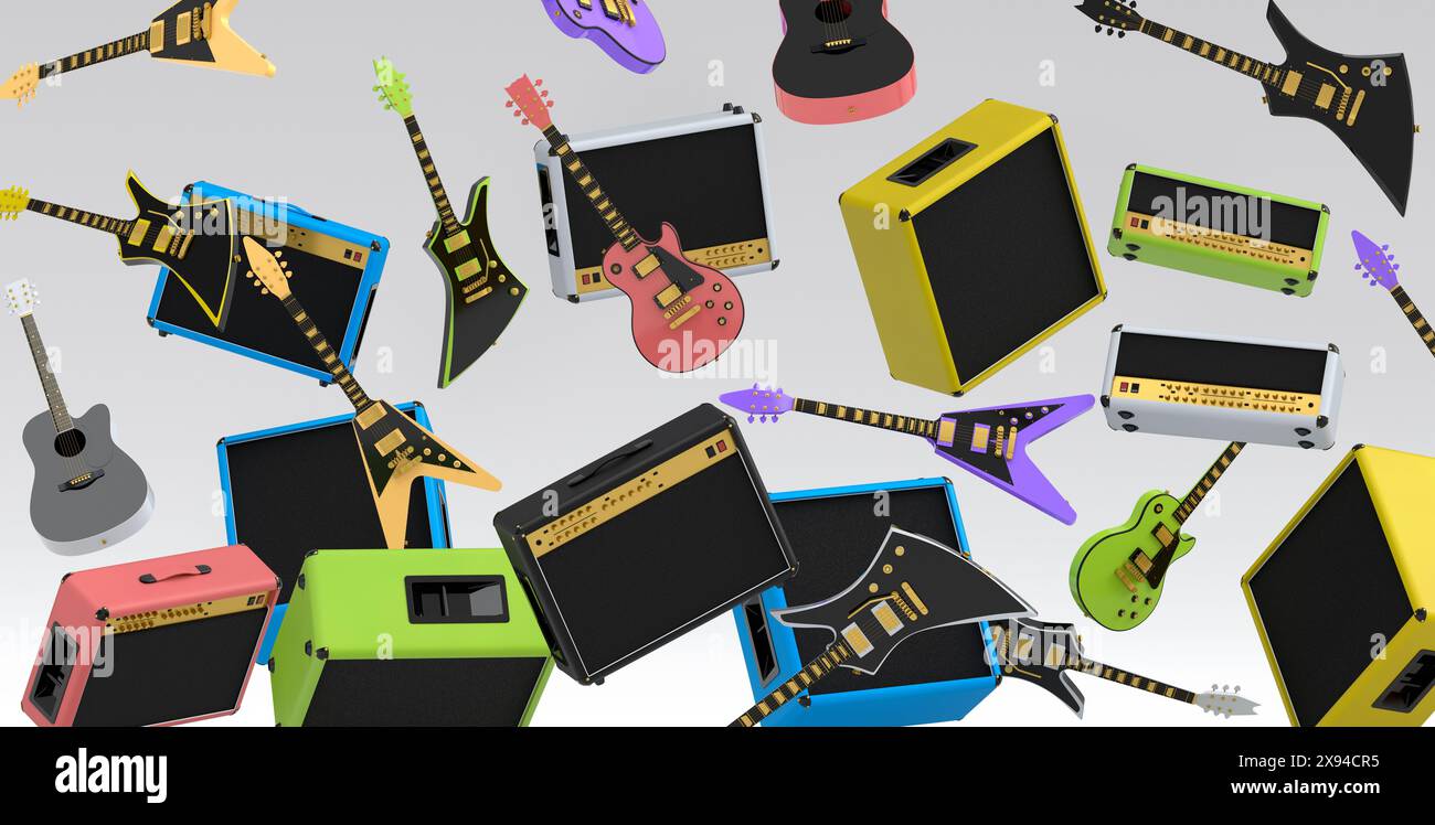 Many of flying acoustic guitars, drums with metal cymbals or drumset ...