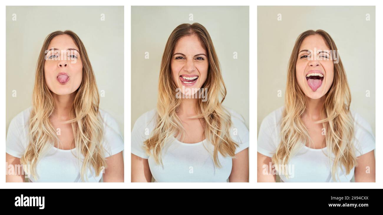 Collage, face and woman with emotions in studio on white background for ...