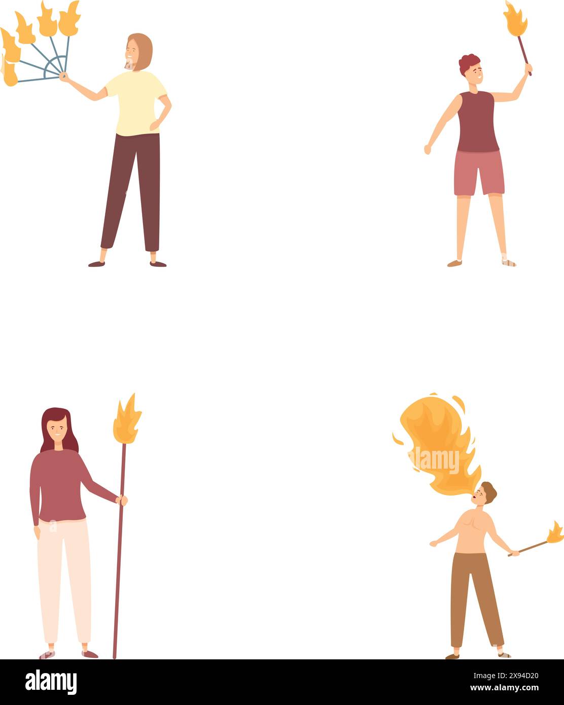 Collection of diverse characters holding fiery torches in a flat design ...