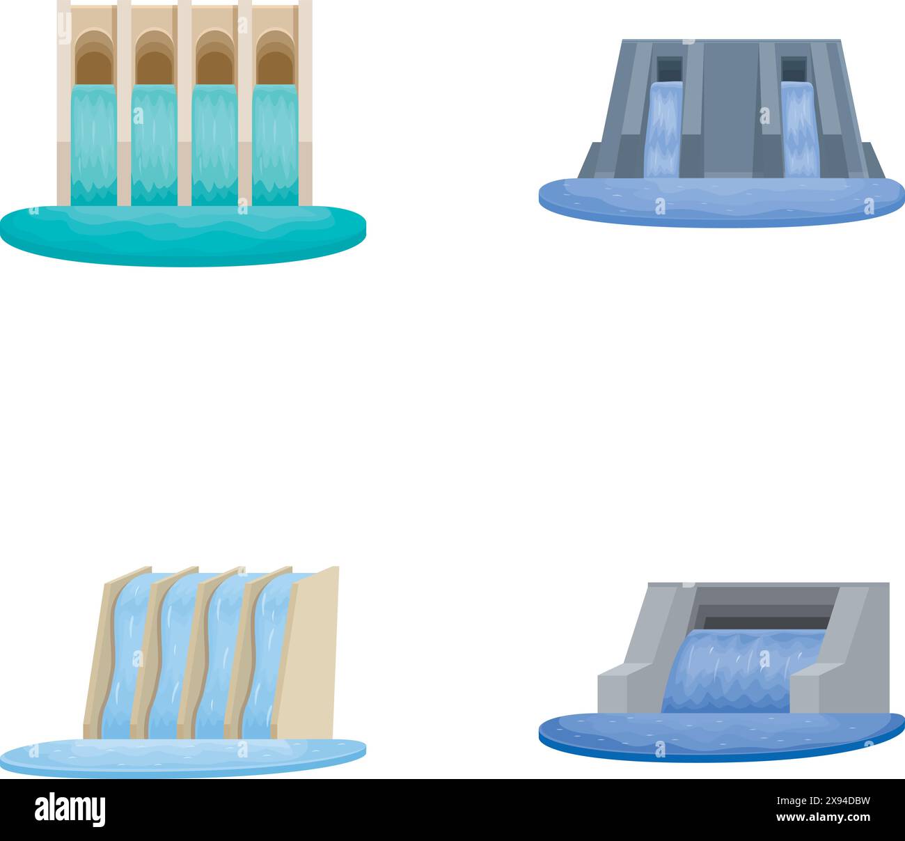 Collection of four different cartoonstyle dams with flowing water ... Collection of four different cartoonstyle dams with flowing water ...