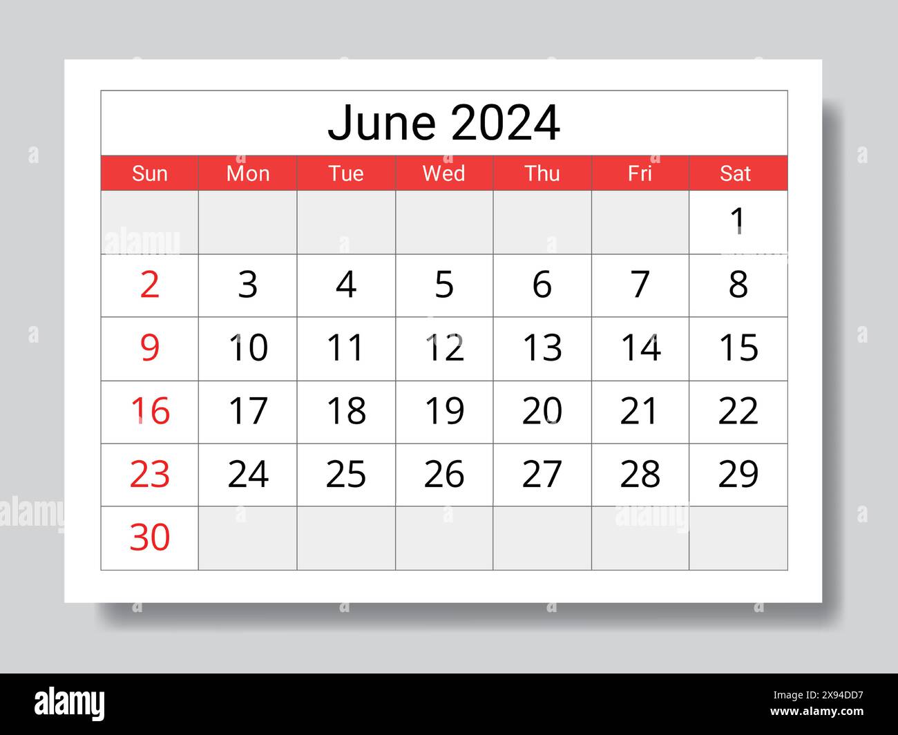 June 2024 ENGLISH month calendar. Vector printable illustration ...