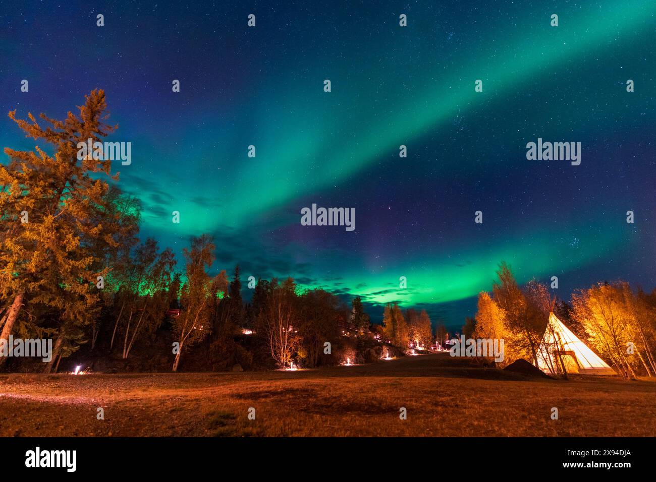 Northern lights at Aurora Village in Yellowknife night. Northwest ...