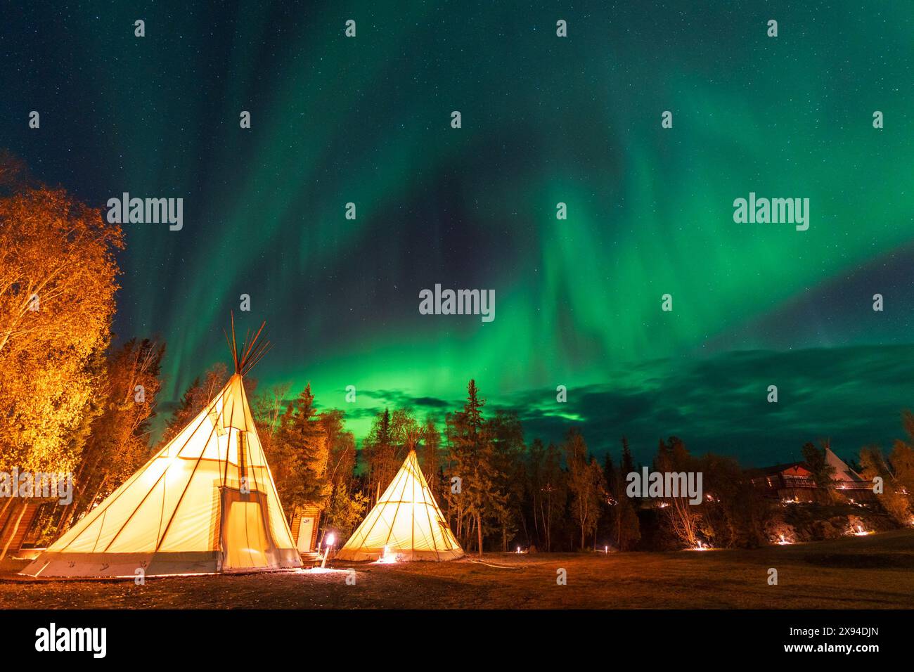 Amazing northern lights dancing over the light up Tipi or Tepees at ...