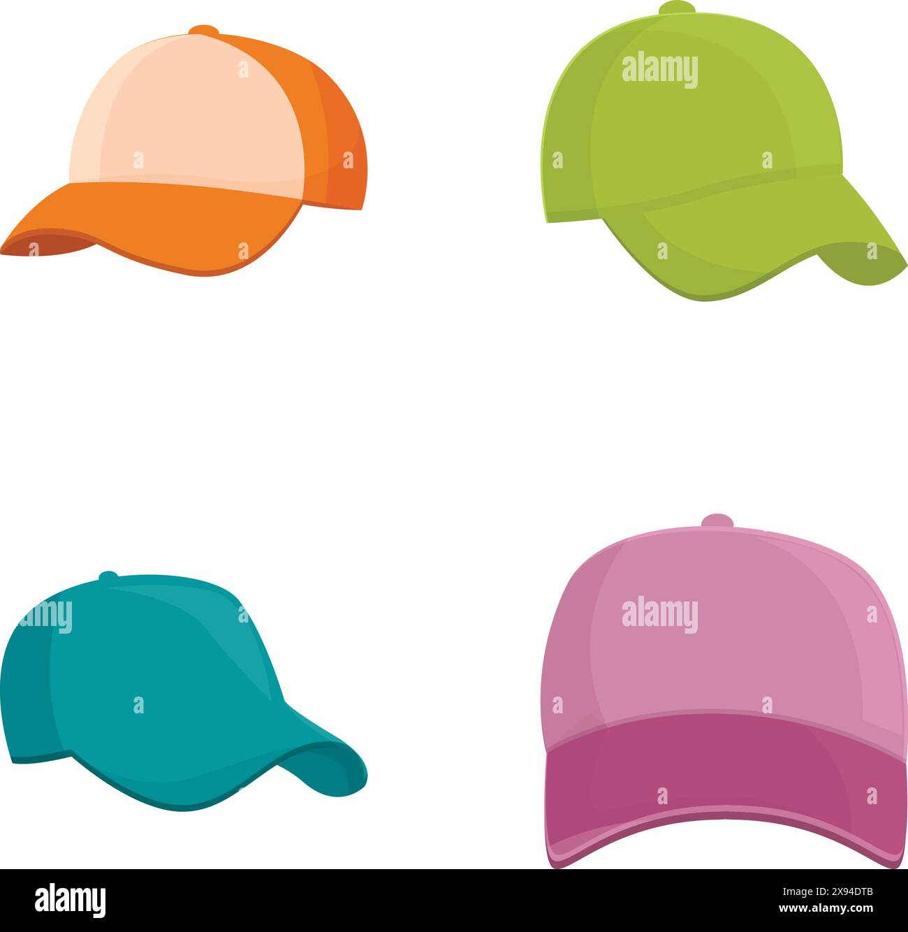 Collection of four baseball caps in different colors isolated on a ...