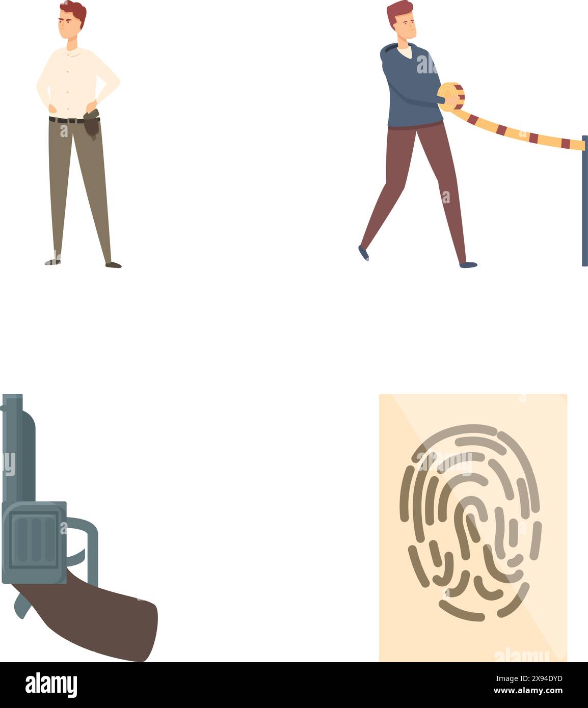 Vector illustrations featuring a man, a barrier, a gun scanner, and a ...
