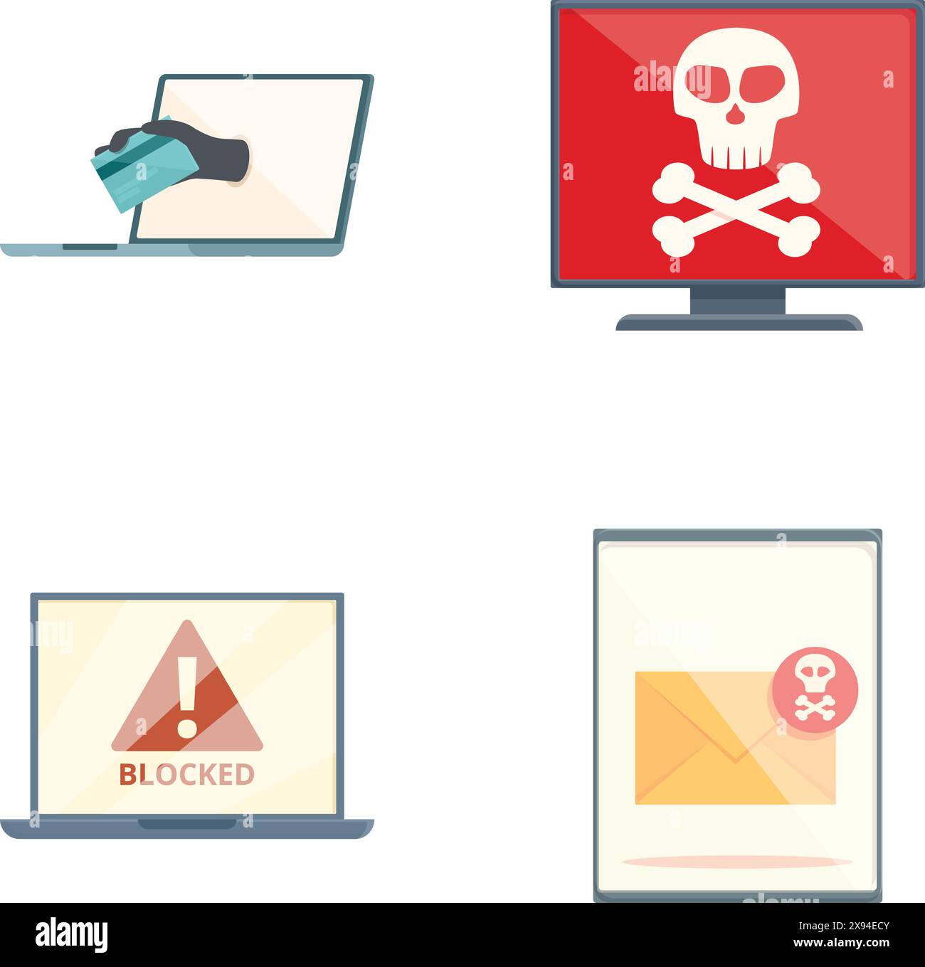 Vector illustrations depict common cybersecurity threats and warning ...
