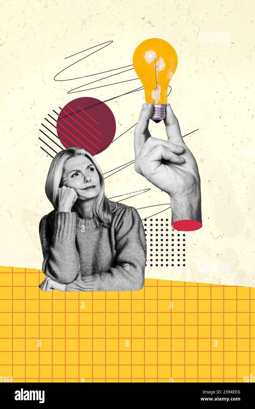 Vertical photo collage of old puzzled woman sit think idea hand hold ...