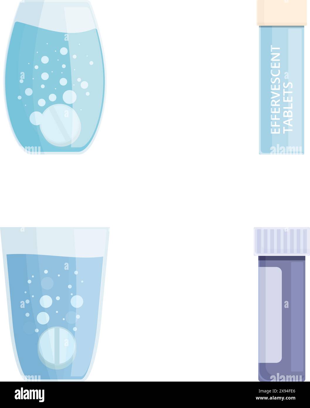 Four illustrations showcasing effervescent tablets and their fizzy ...