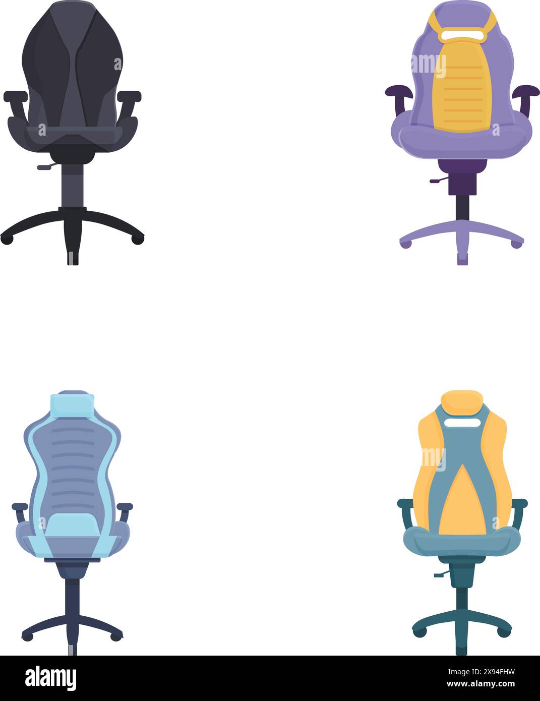 Four colorful vector illustrations of empty ergonomic office chairs on ...