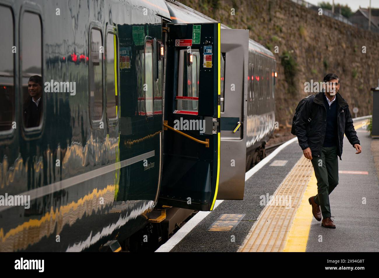 Prime Minister Rishi Sunak arrives at a train station in Cornwall on ...