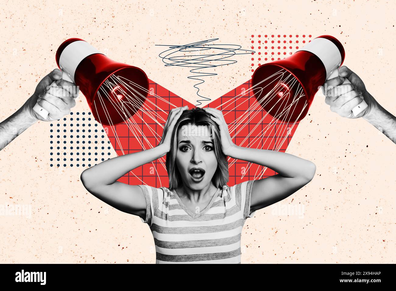 Composite photo collage of upset scared blonde girl hold head hand ...