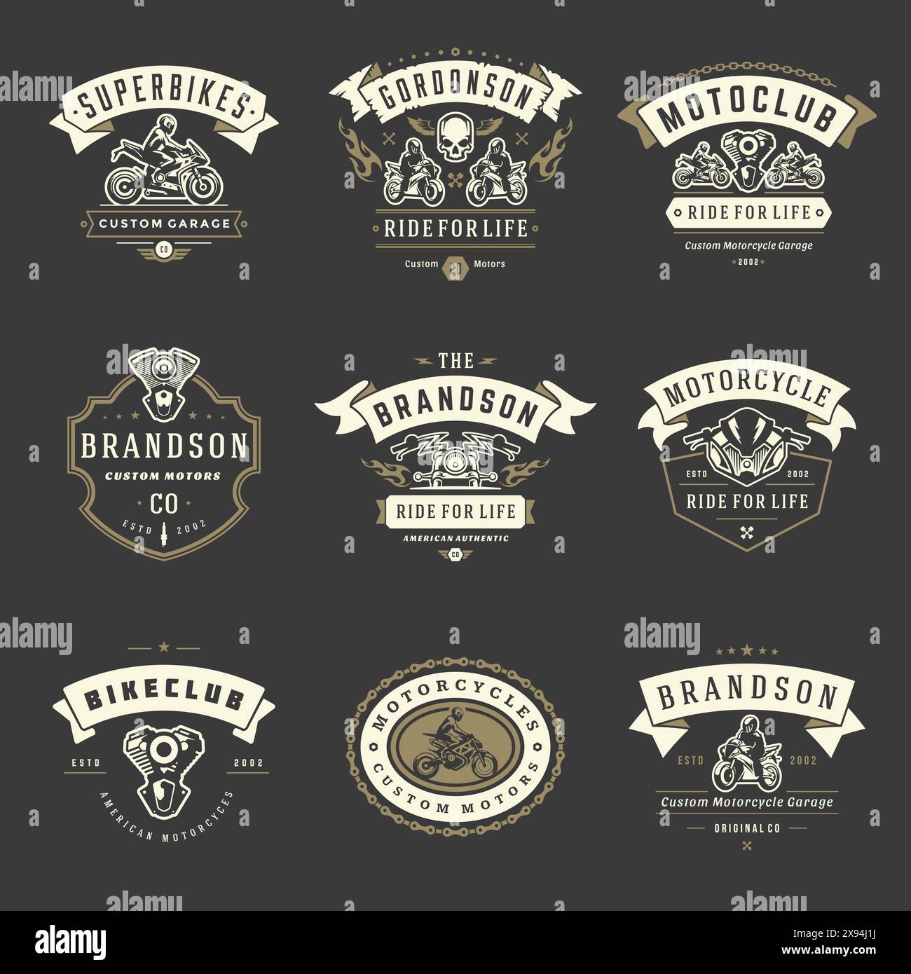 Motorcycles logos templates vector design elements set, vintage style ...