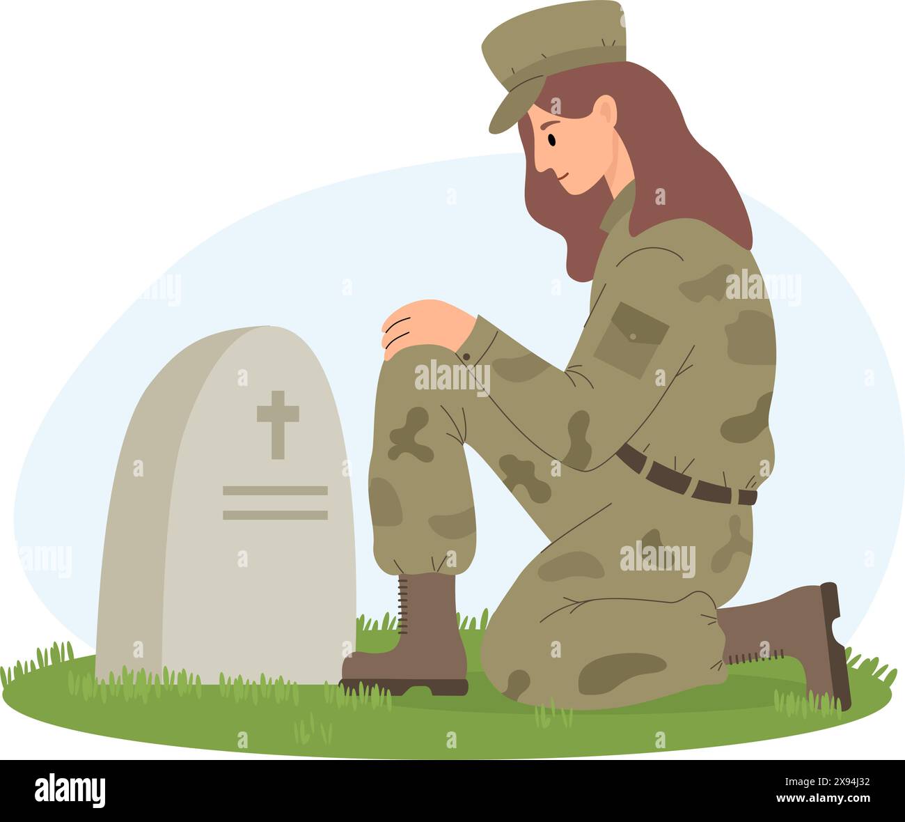 Military soldier girl on one knee in front of stone grave. Memorial Day ...