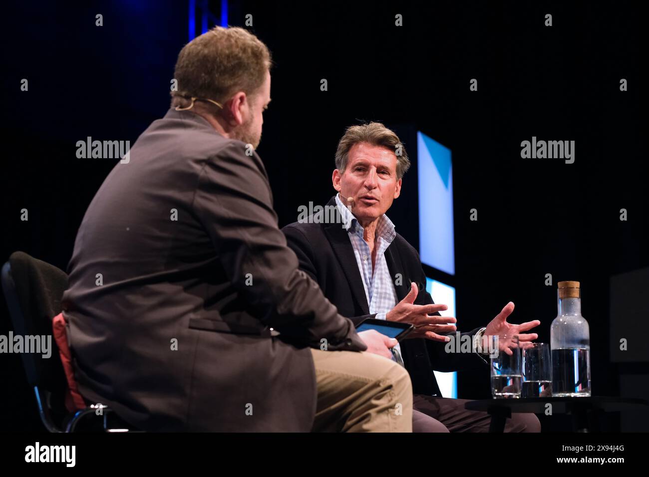 Lord Coe ( Seb Coe ) on stage being interviewed at the Hay Fesival on ...