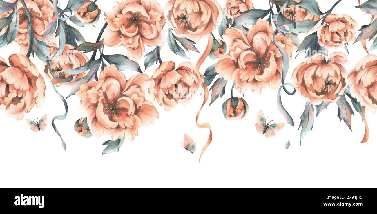Beautiful peonies in peach fuzz color with leaves, buds and flying ...