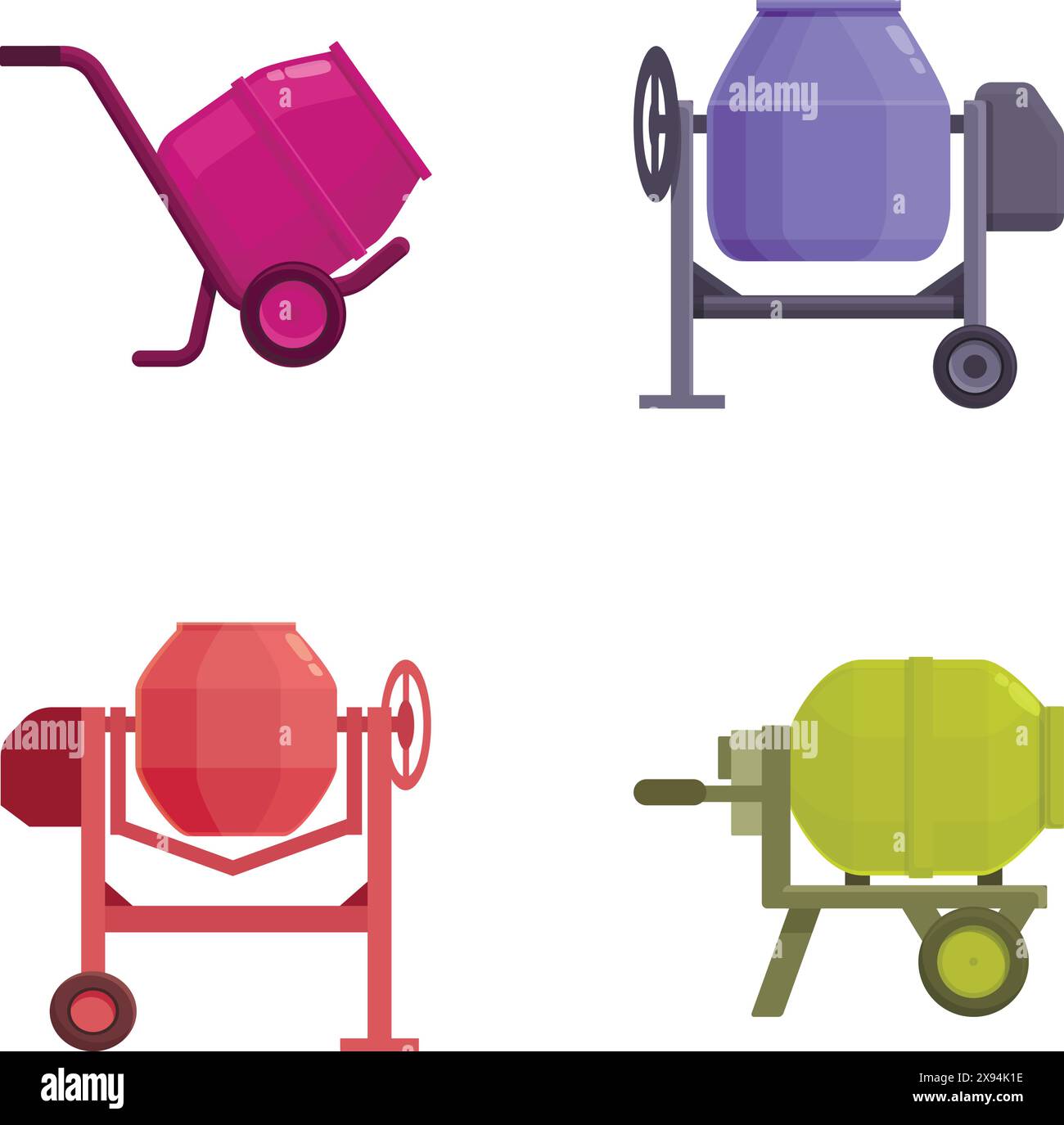 Illustration of four various cartoonstyle concrete mixers, isolated on ...
