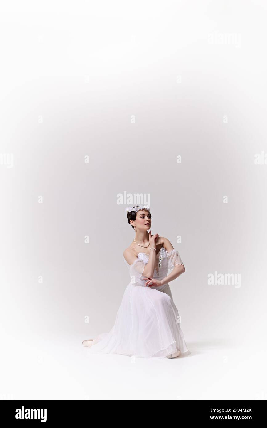 Poster. Young woman, talented ballerina, dressed in white, demonstrates ...
