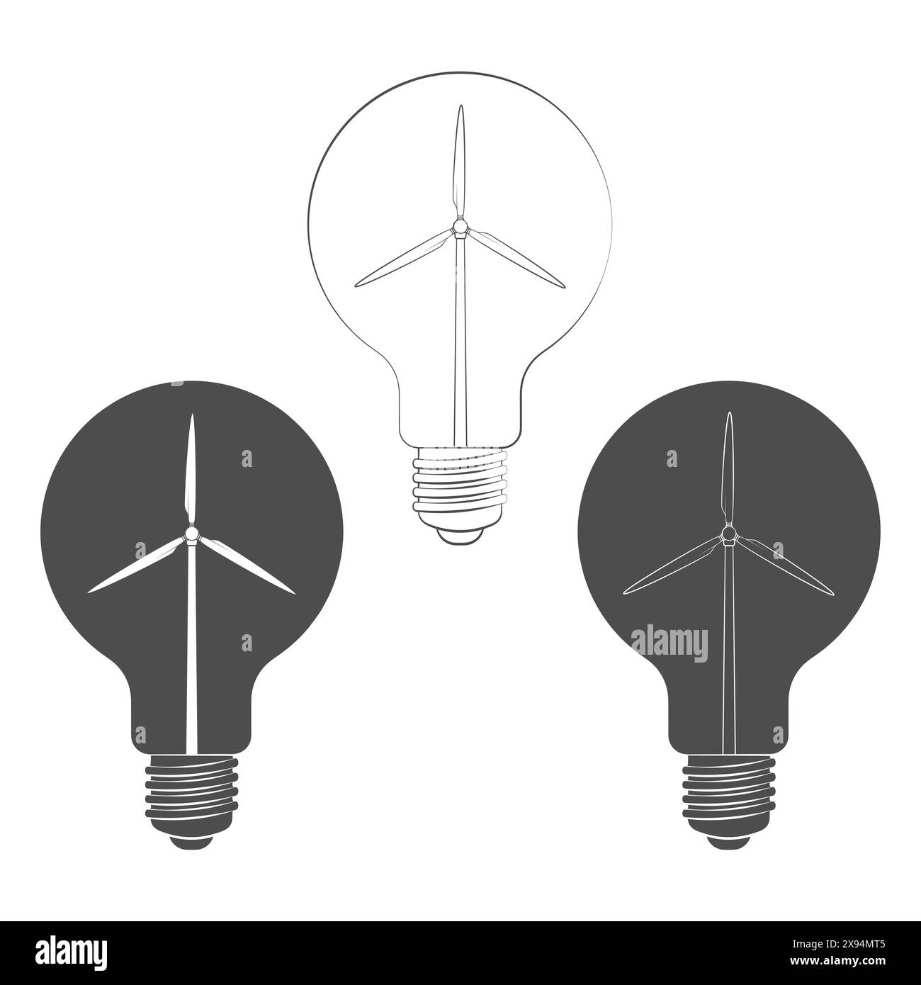 Set of black and white illustrations light bulb with wind turbine ...