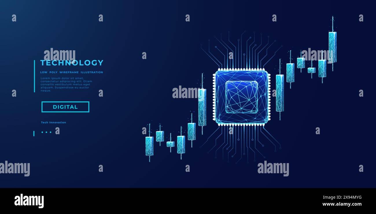 Trade AI concept. AI chip, abstract digital stock market candlesticks ...