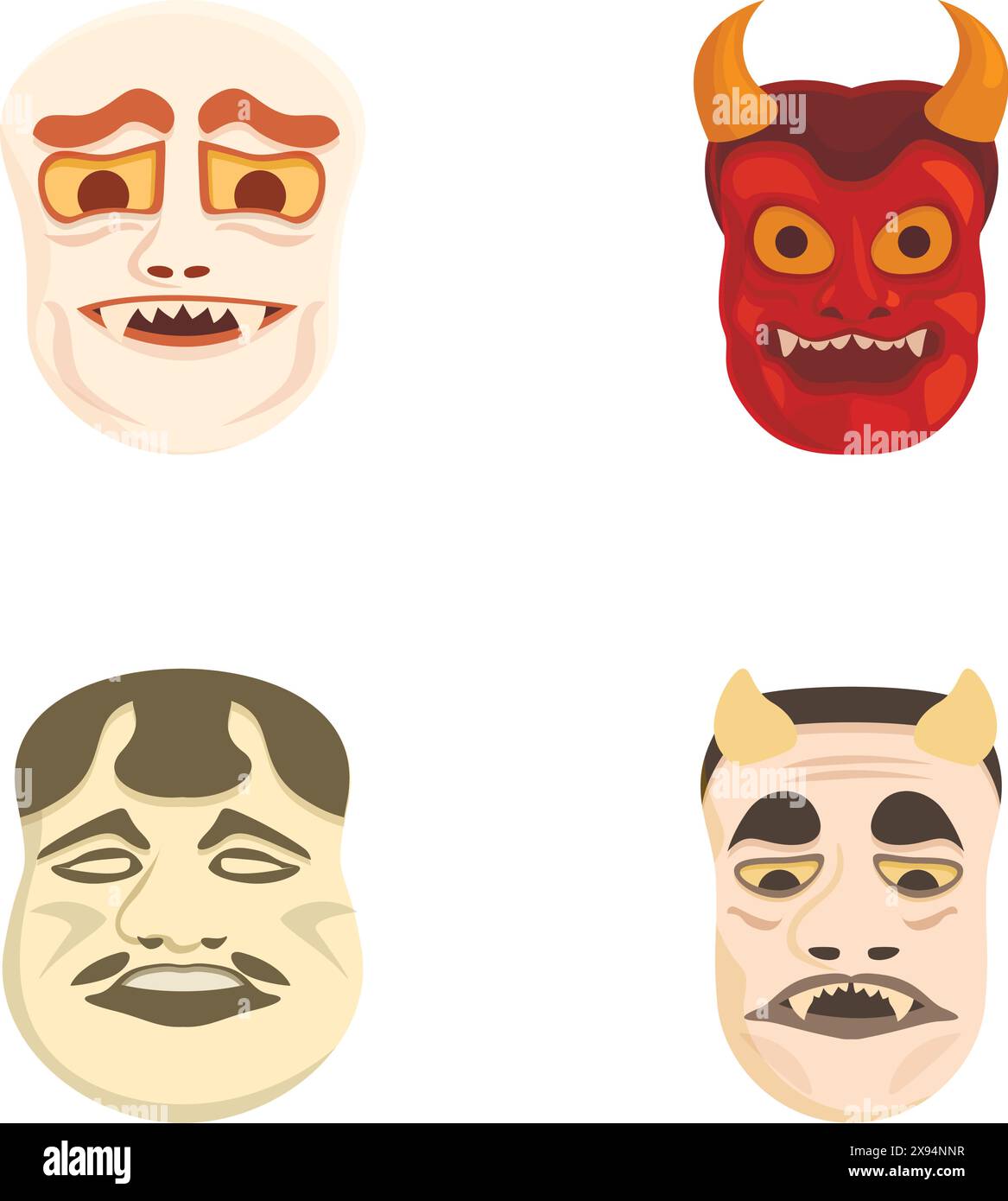 Collection of four cartoonish mask illustrations depicting various ...