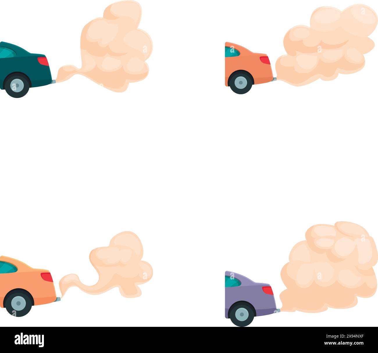 Set of four colorful animated cars emitting puffs of smoke, isolated on ...