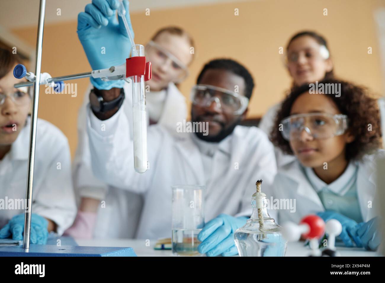 Selective focus shot of young Black teacher and group of ethnically ...