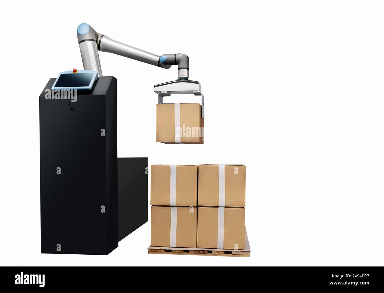 Robotic arm performs pick-and-place of boxes in distribution warehouse ...