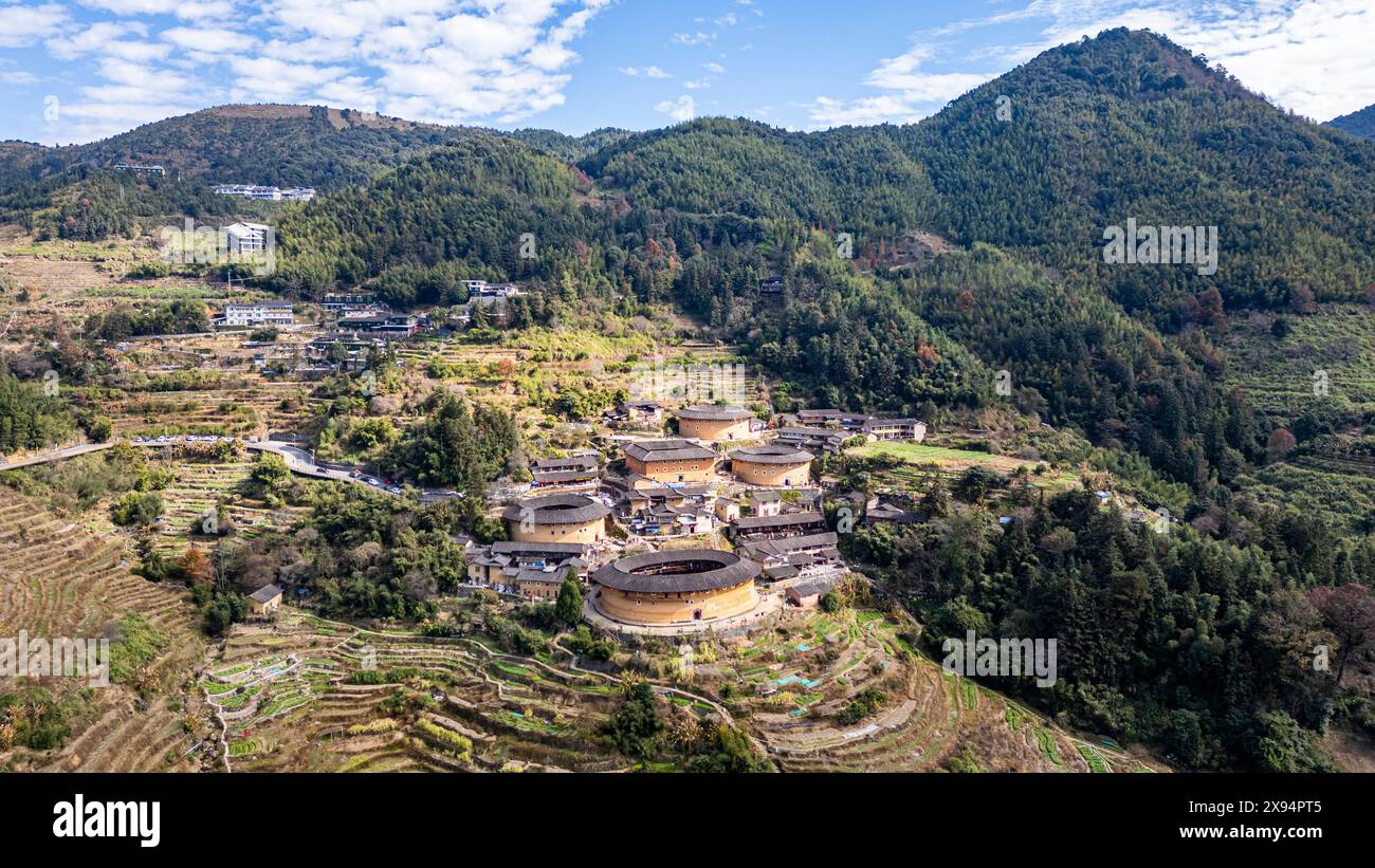 Aerial of Tianluokeng, UNESCO World Heritage Site, Fujian Tulou, rural ...