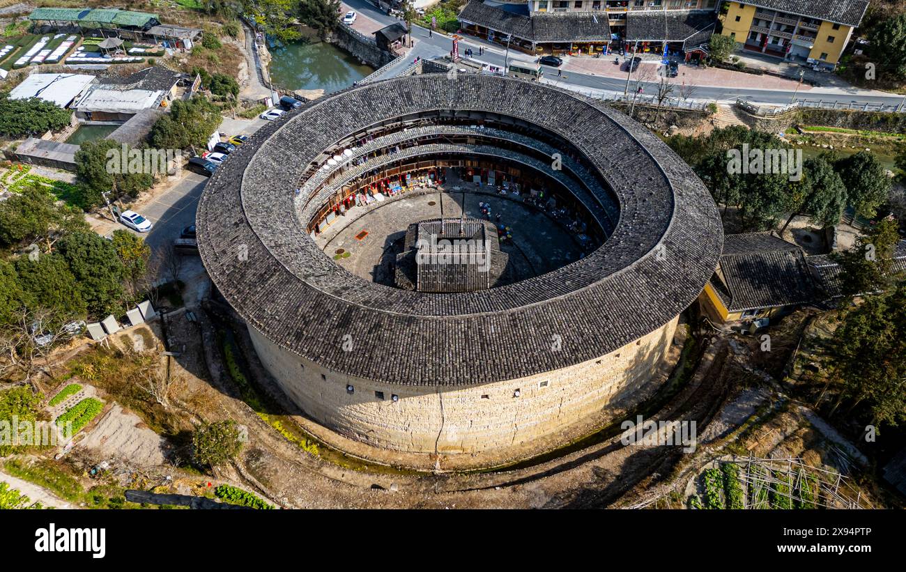 Aerial of the Yuchang Fujian Tulou, rural dwelling of the Hakka, Fujian ...