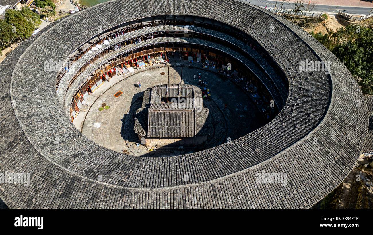 Aerial of the Yuchang Fujian Tulou, rural dwelling of the Hakka, Fujian ...
