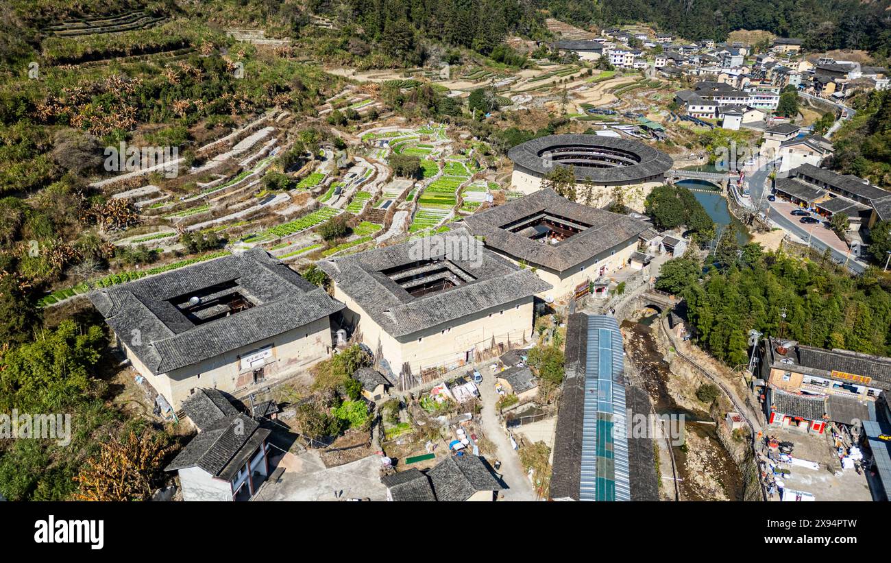 Aerial of the Yuchang Fujian Tulou, rural dwelling of the Hakka, Fujian ...
