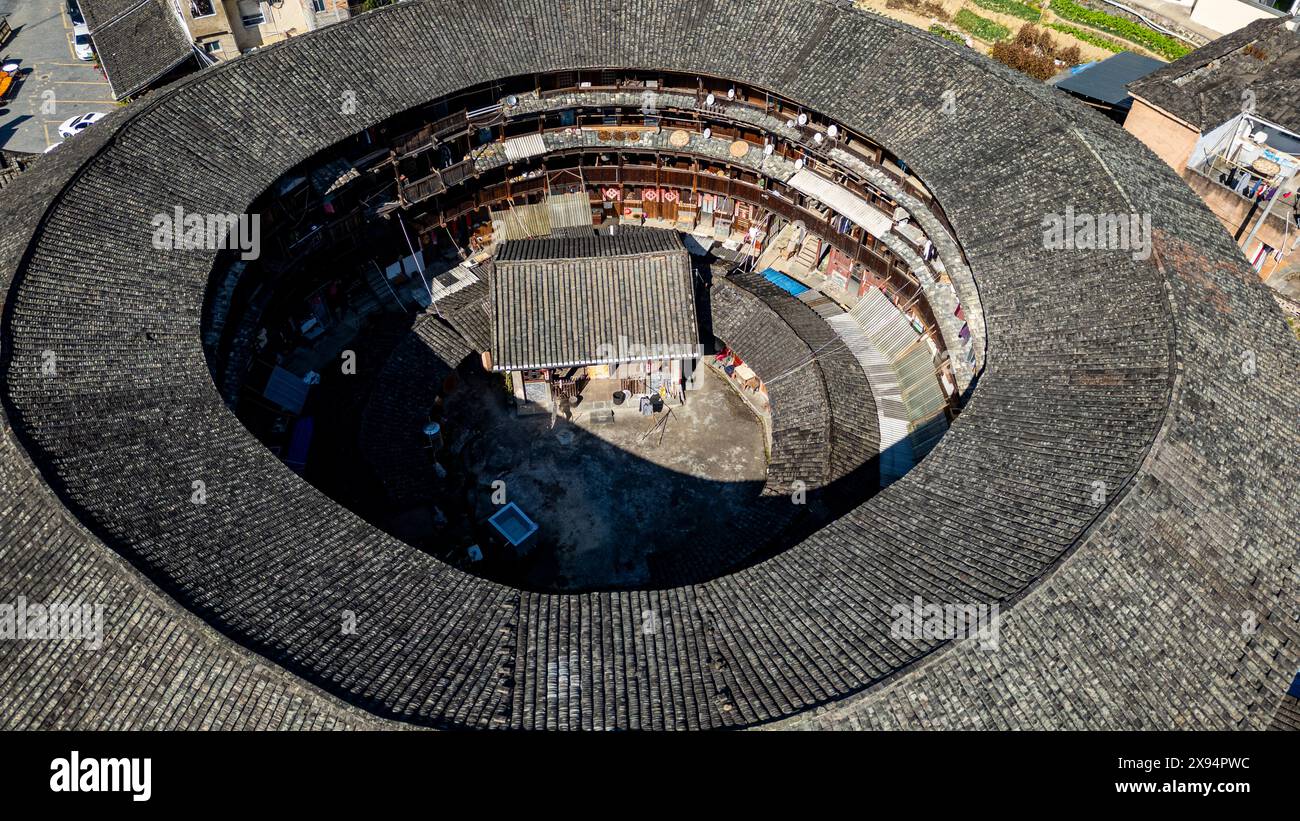 Aerial of Taxia village and Fujian Tulou, rural dwelling of the Hakka ...
