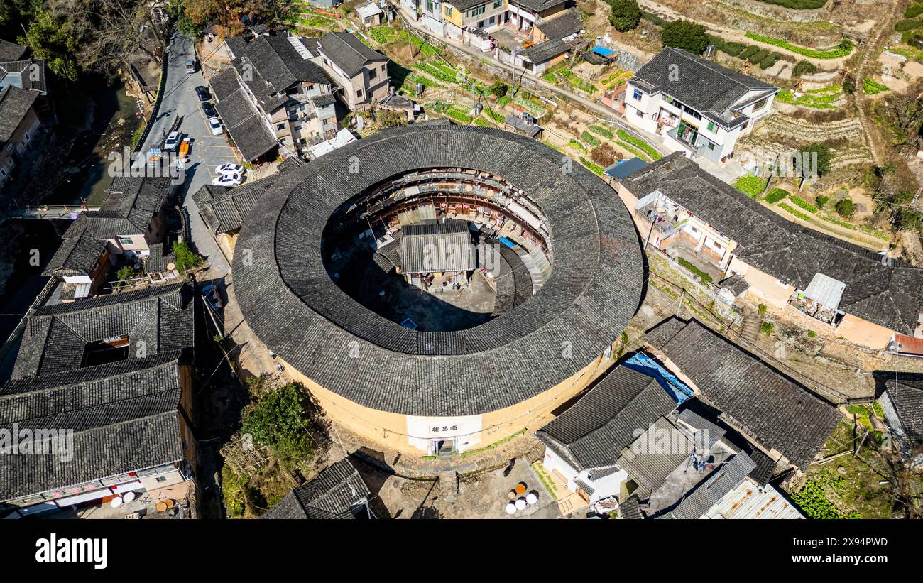 Aerial of Taxia village and Fujian Tulou, rural dwelling of the Hakka ...