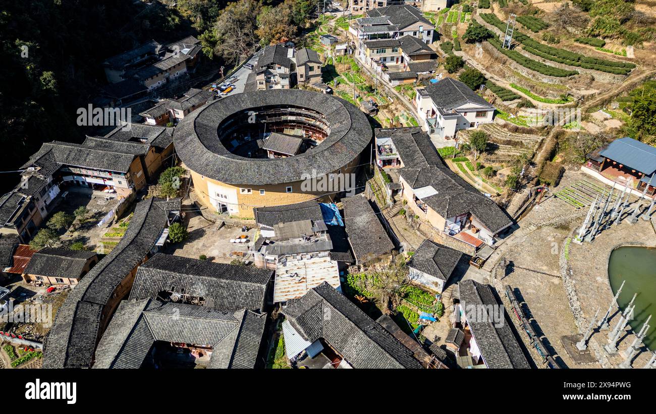 Aerial of Taxia village and Fujian Tulou, rural dwelling of the Hakka ...