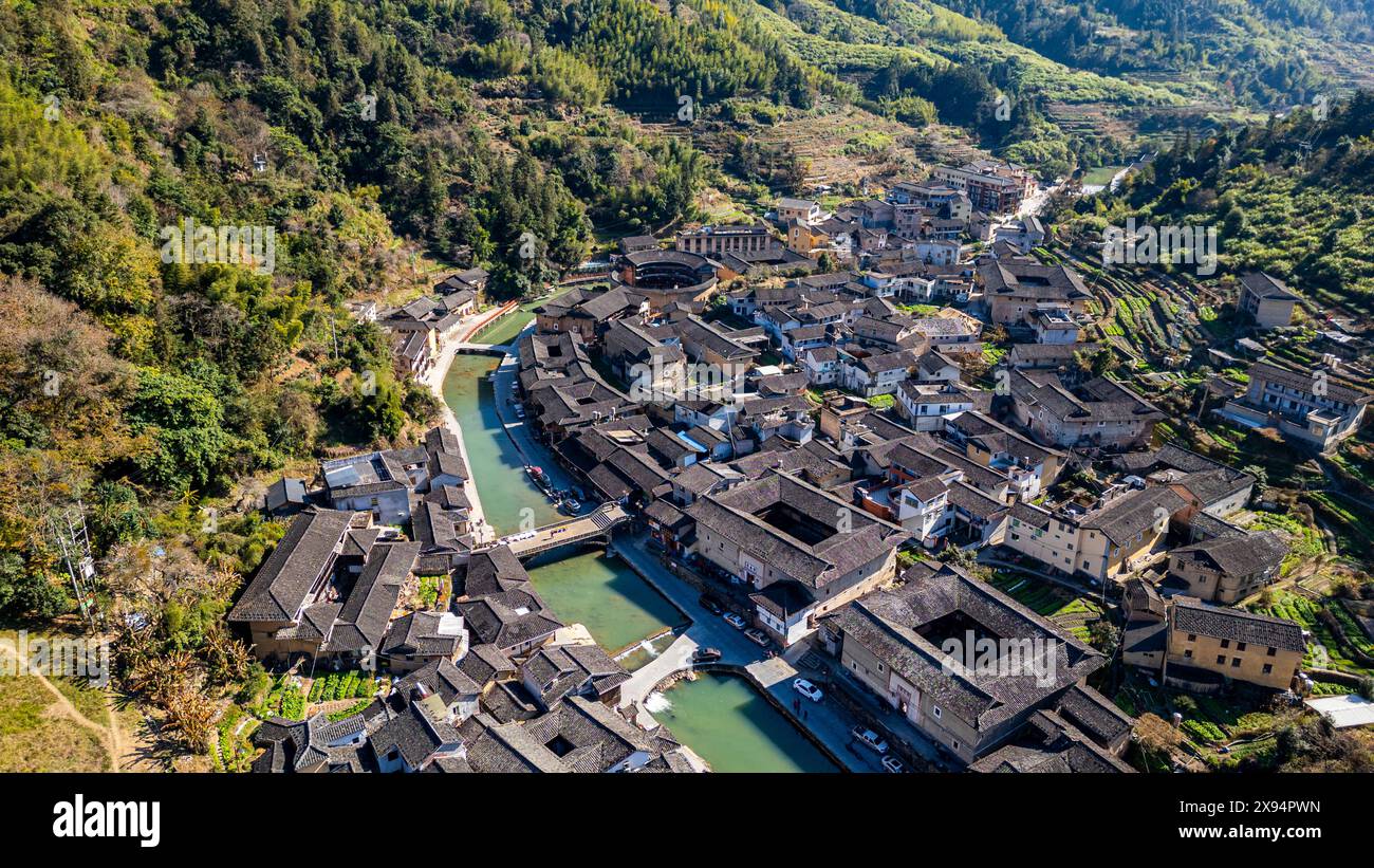 Aerial of Taxia village and Fujian Tulou, rural dwelling of the Hakka ...