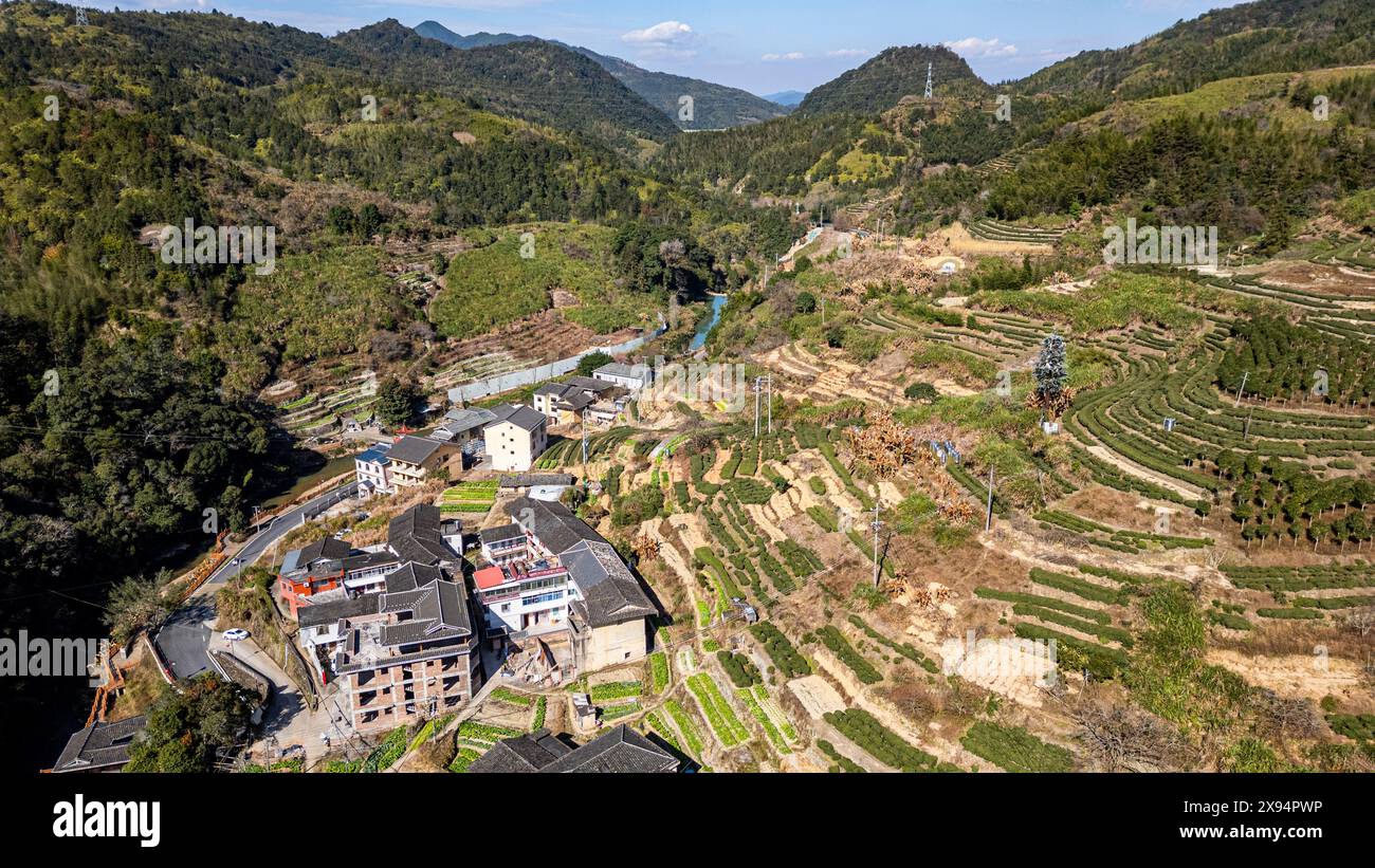 Aerial of Taxia village and Fujian Tulou, rural dwelling of the Hakka ...