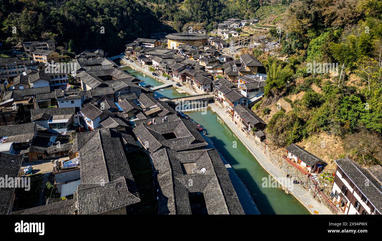 Aerial of Taxia village and Fujian Tulou, rural dwelling of the Hakka ...