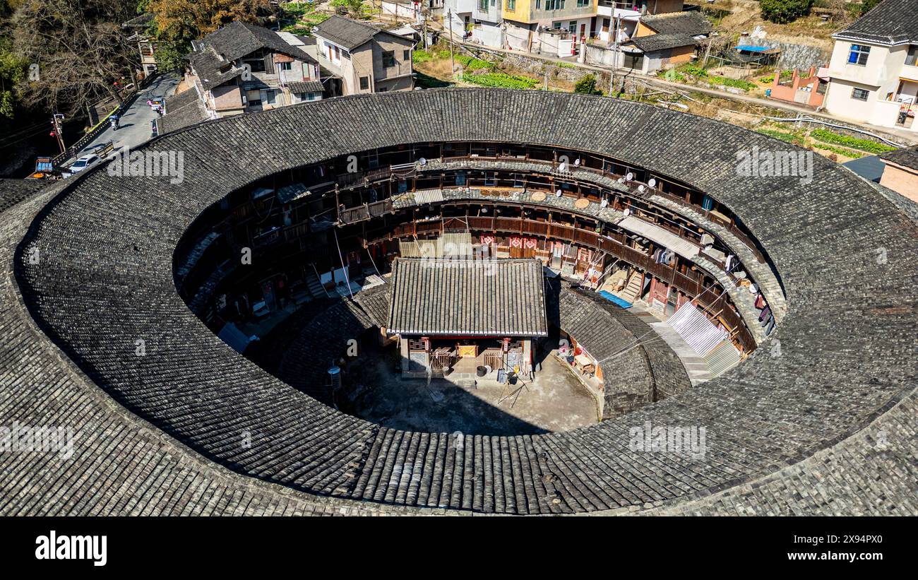 Aerial of Taxia village and Fujian Tulou, rural dwelling of the Hakka ...
