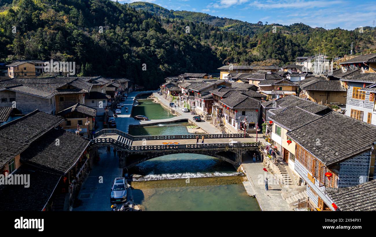 Aerial of Taxia village and Fujian Tulou, dwelling of the Hakka, Taxia ...