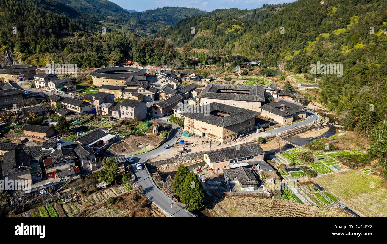 Aerial of the Hekeng Fujian Tulou, UNESCO World Heritage Site, rural ...
