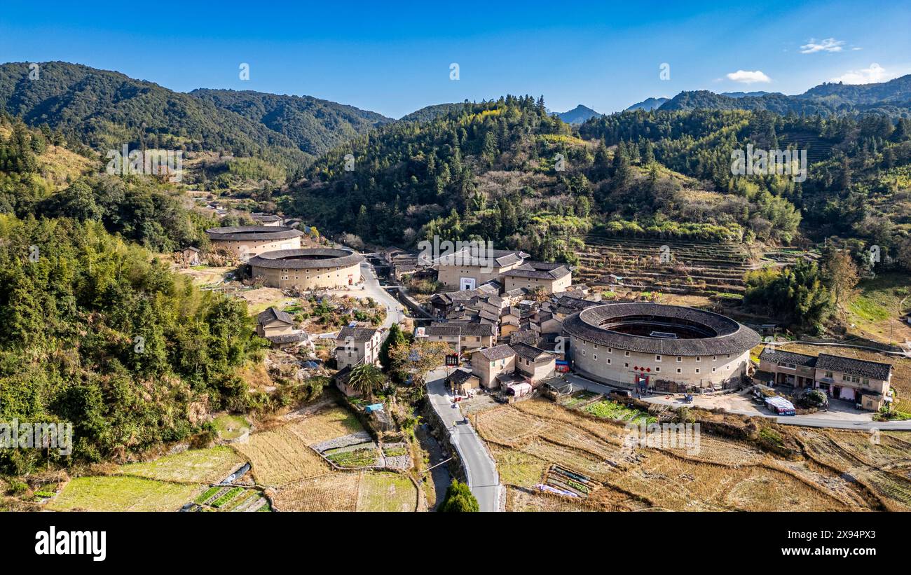 Aerial of the Hekeng Fujian Tulou, UNESCO World Heritage Site, rural ...
