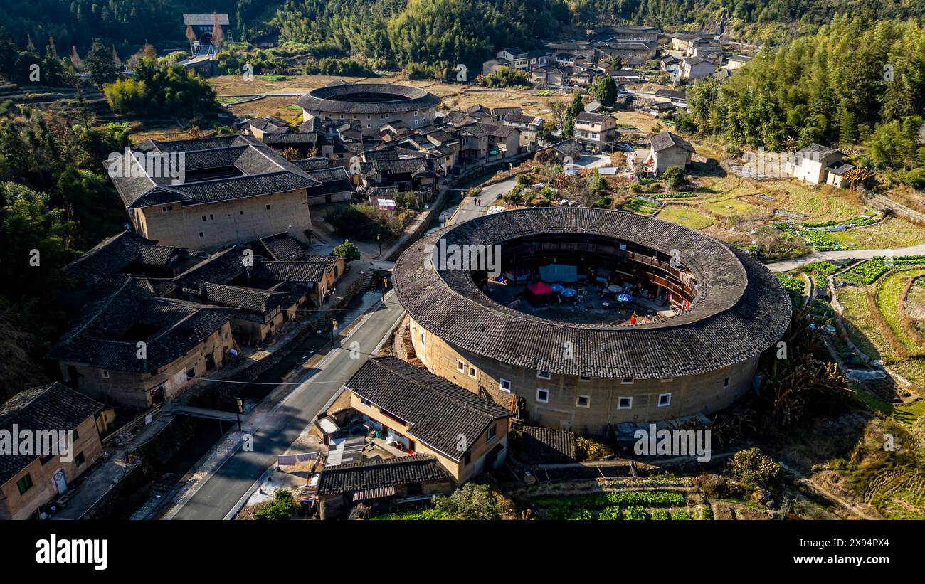 Aerial of the Hekeng Fujian Tulou, UNESCO World Heritage Site, rural ...